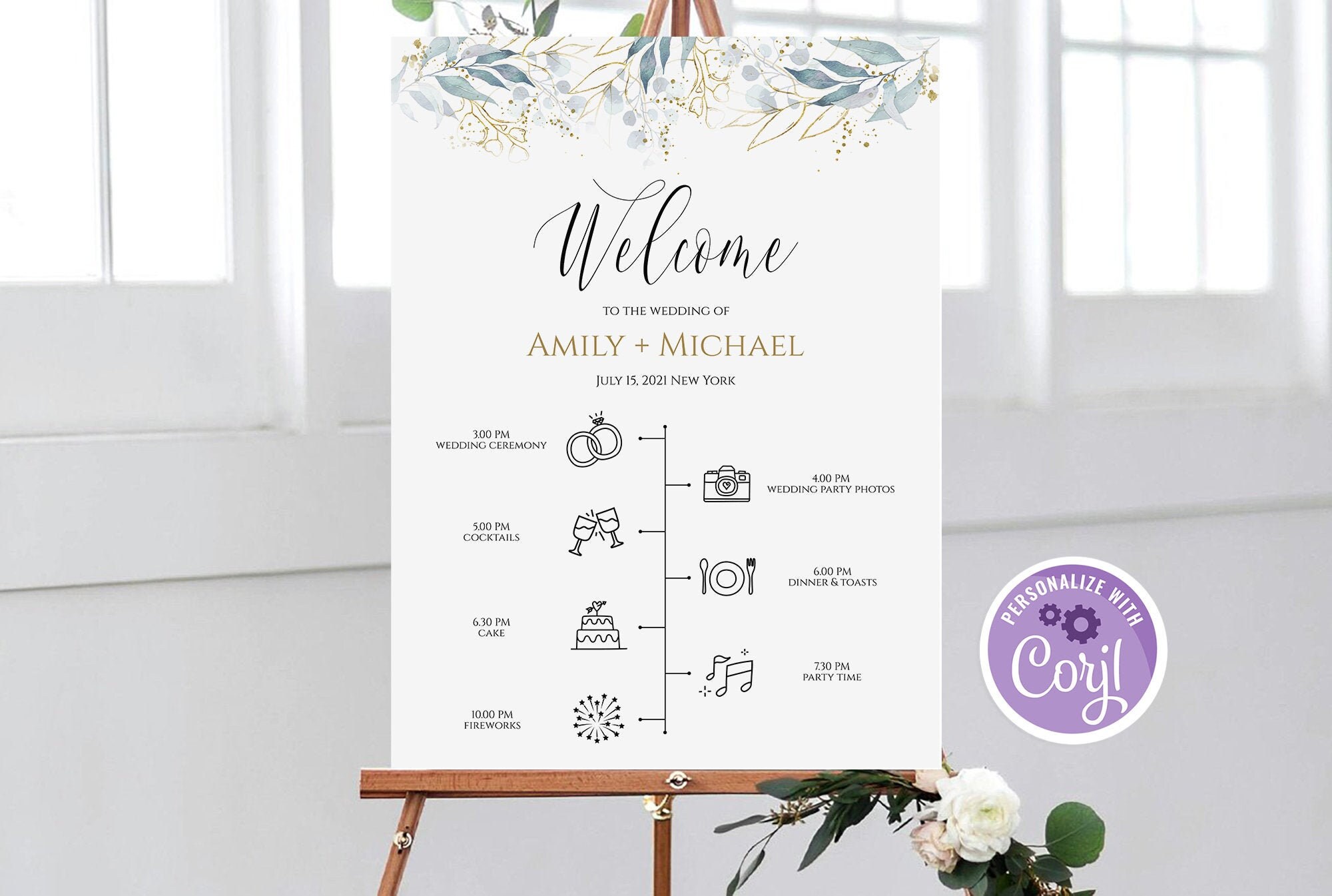 Greenery Wedding Timeline Sign Template Printable Wedding Day | Etsy