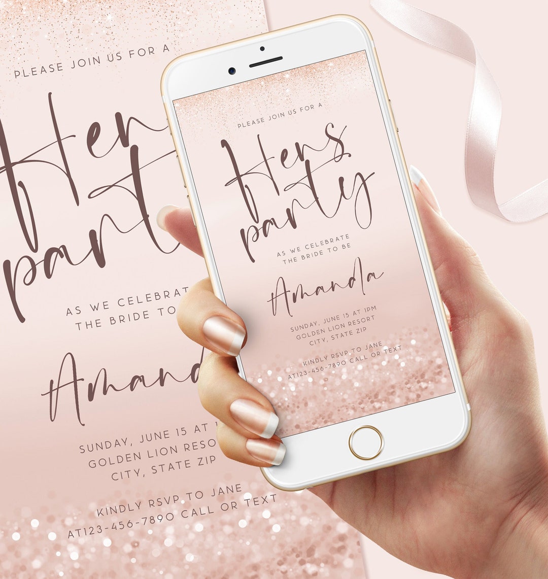 Digital Rose Gold Hens Party Invitation Template, Electronic Hens Party ...