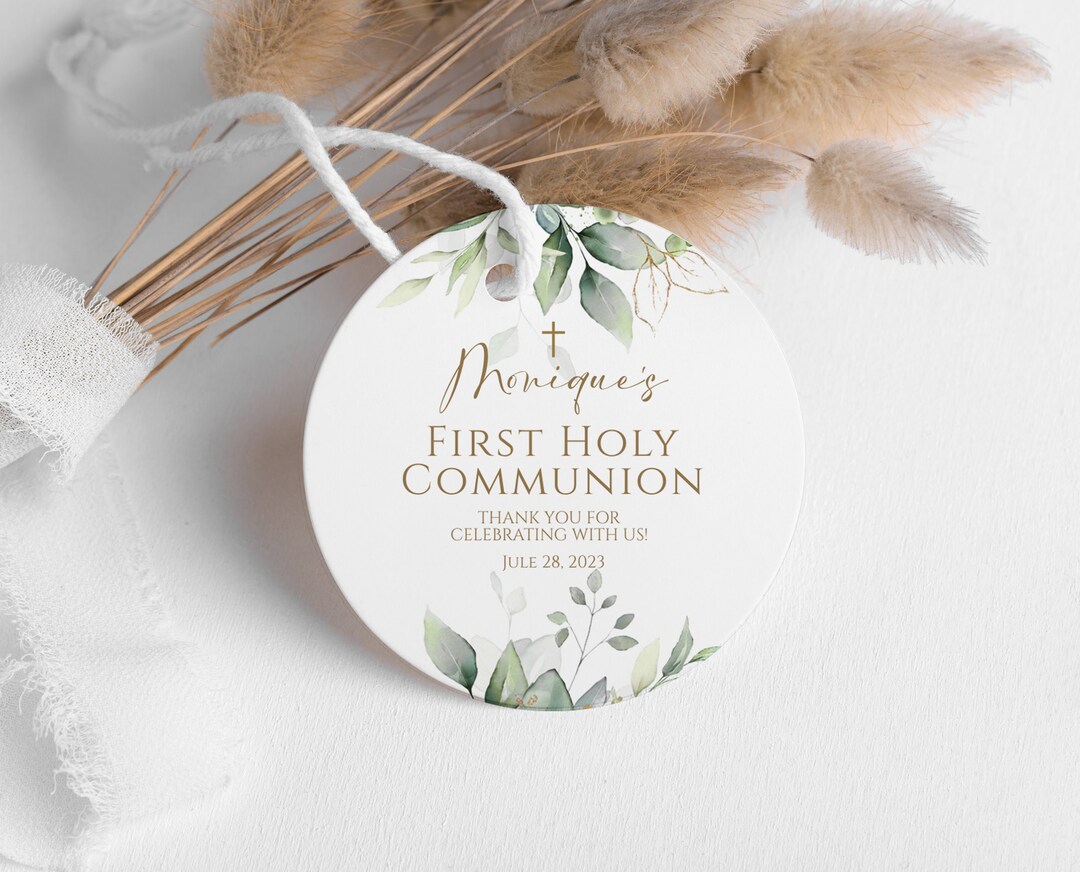 Round First Communion Thank You Tag, First Holy Communion, Eucalyptus ...