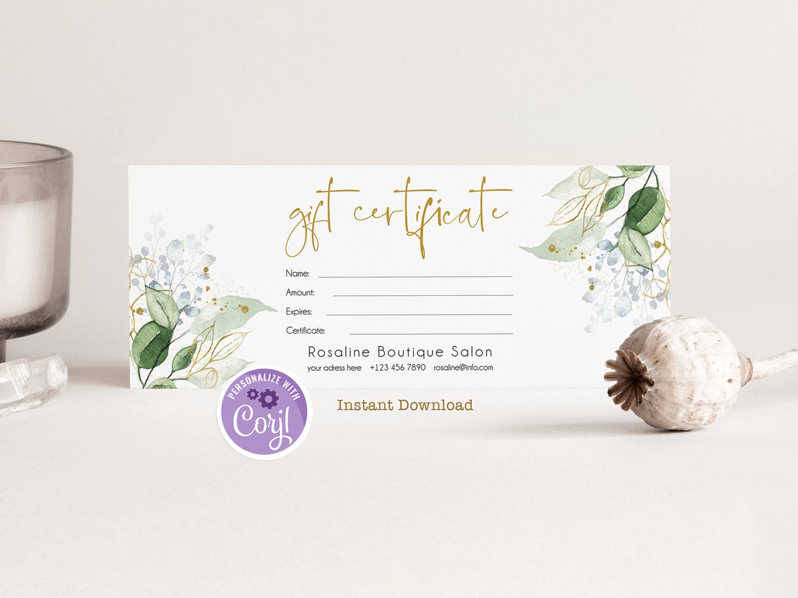 Greenery Gold Gift Card Calligraphy Editable Gift Card | Etsy
