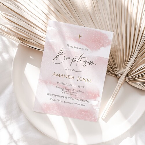 Pink Watercolor Baptism Invitation Template Baptism - Etsy