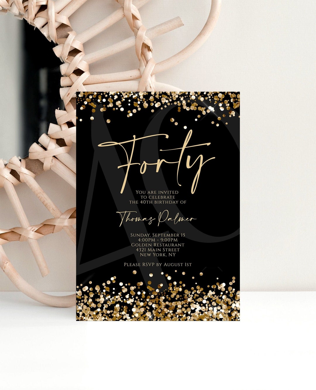 Printable Black Gold Forty 40th Birthday Invitation Template, Gold ...