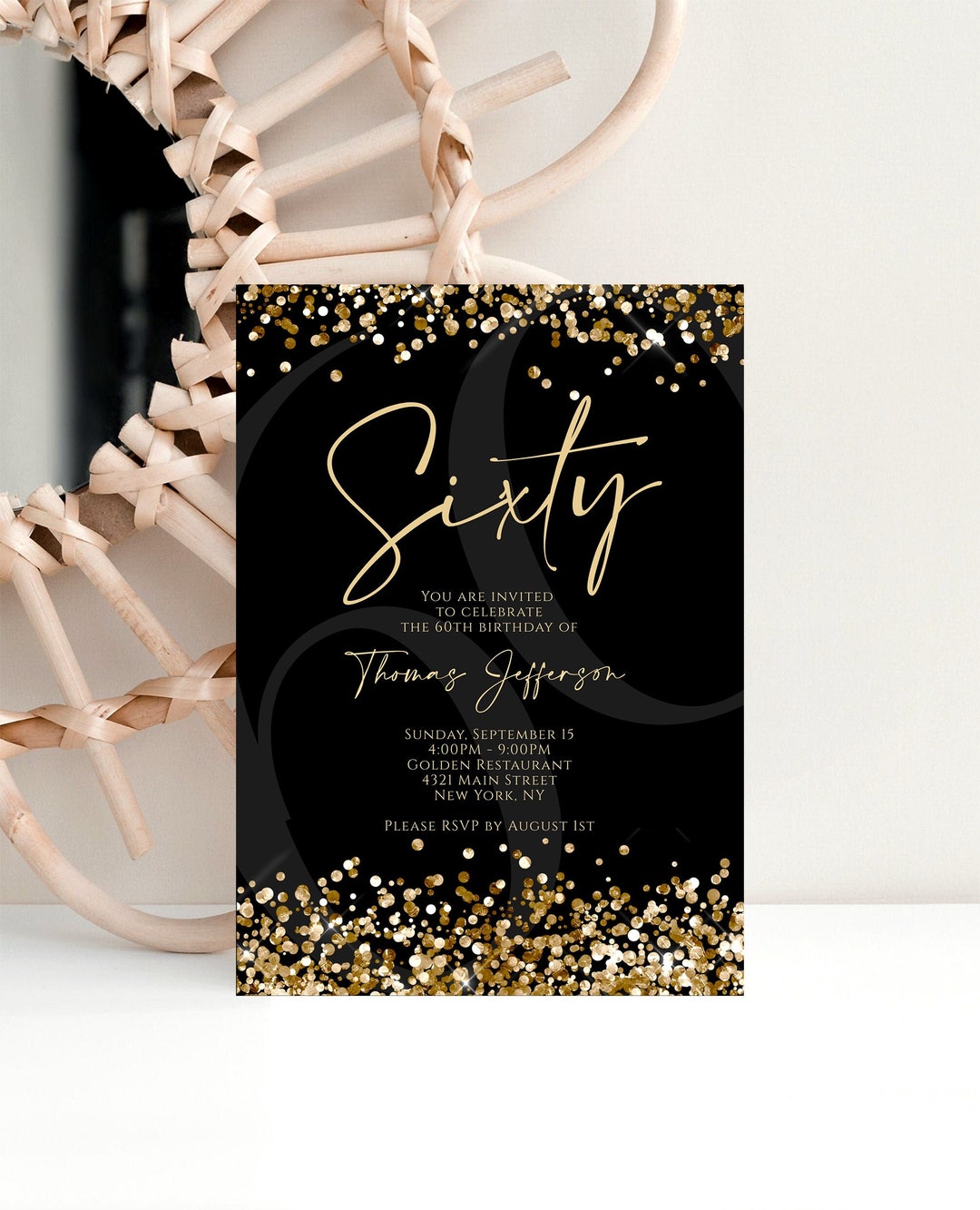 Printable Black Gold Sixty 60th Birthday Invitation Template, Gold ...