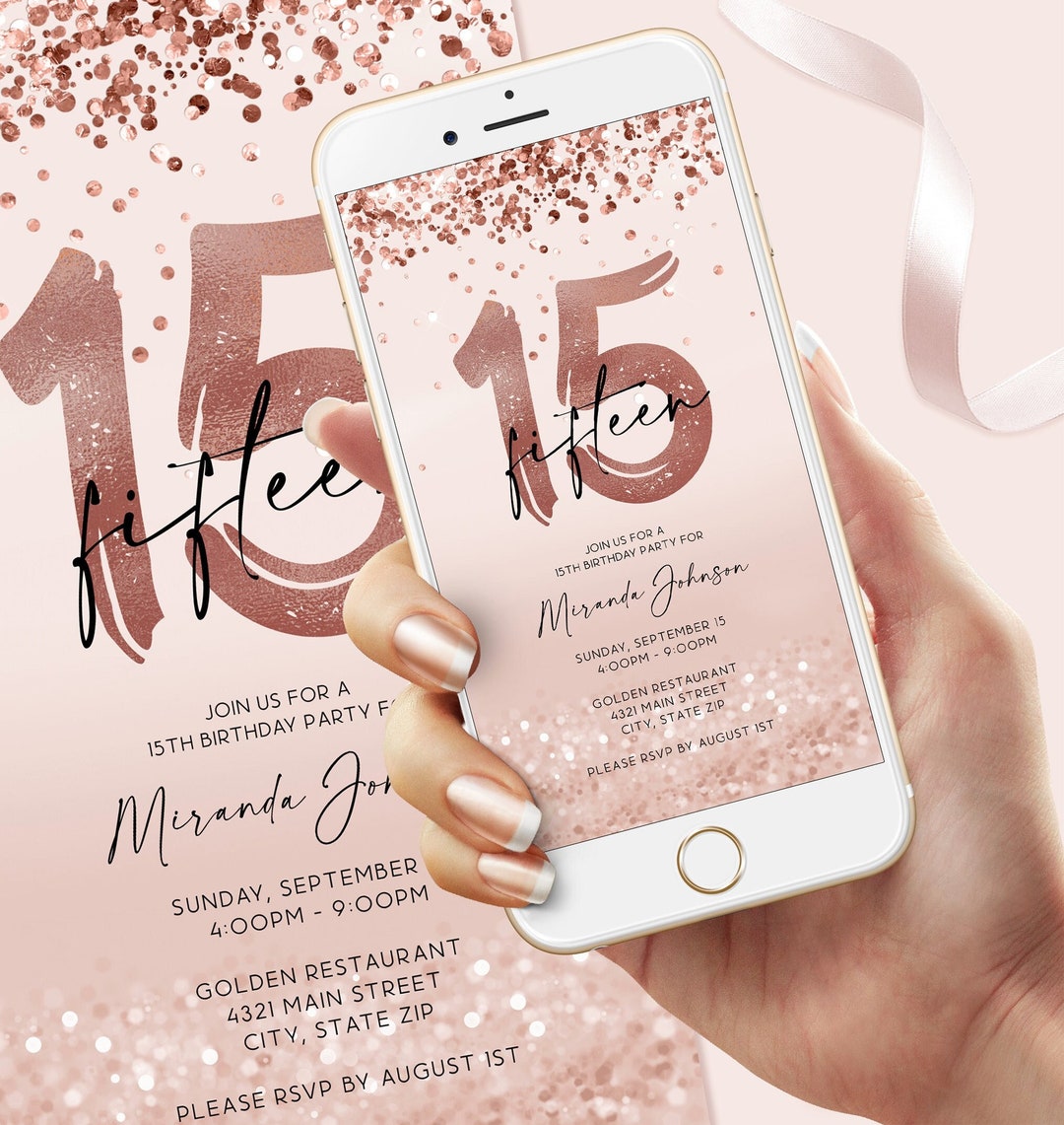 Electronic 15th Fifteen Birthday Invitation Template, Digital Rose Gold ...