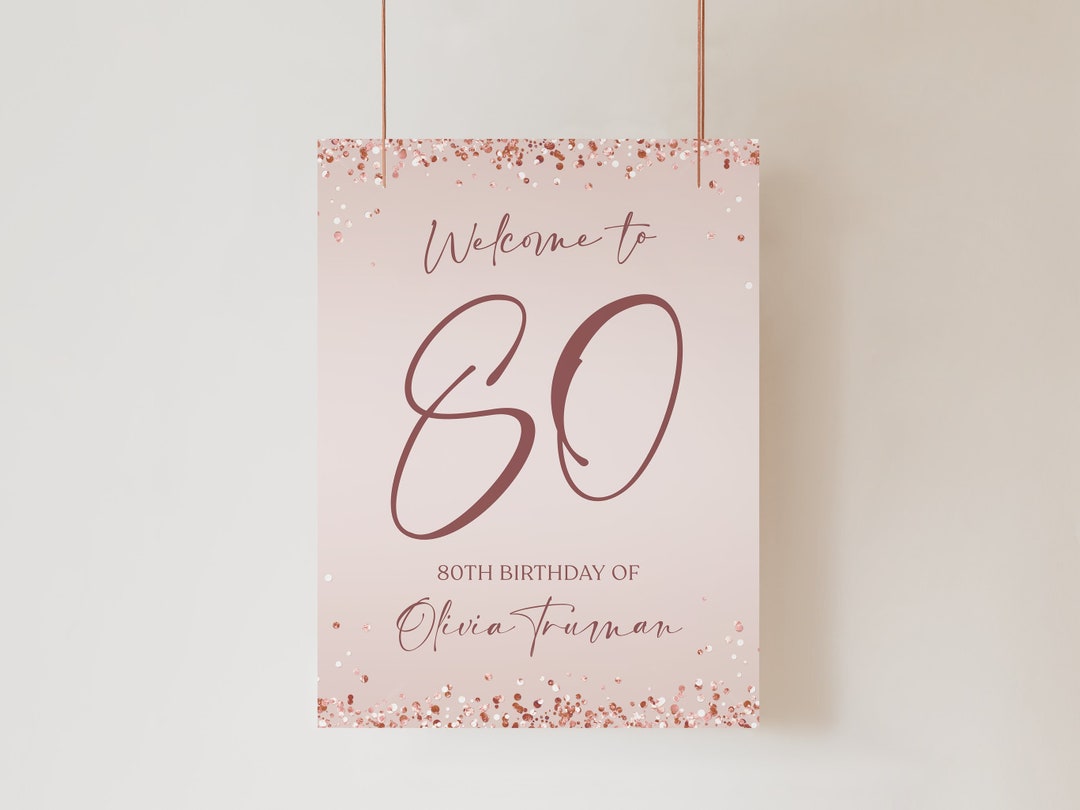 Rose Gold 80th Eighty Birthday Party Welcome Sign, Editable Banner ...