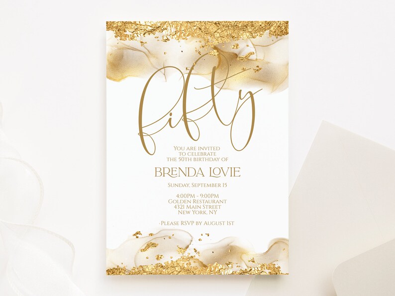 Printable 50th Fifty Invitation Editable Gold Foil Glitter - Etsy