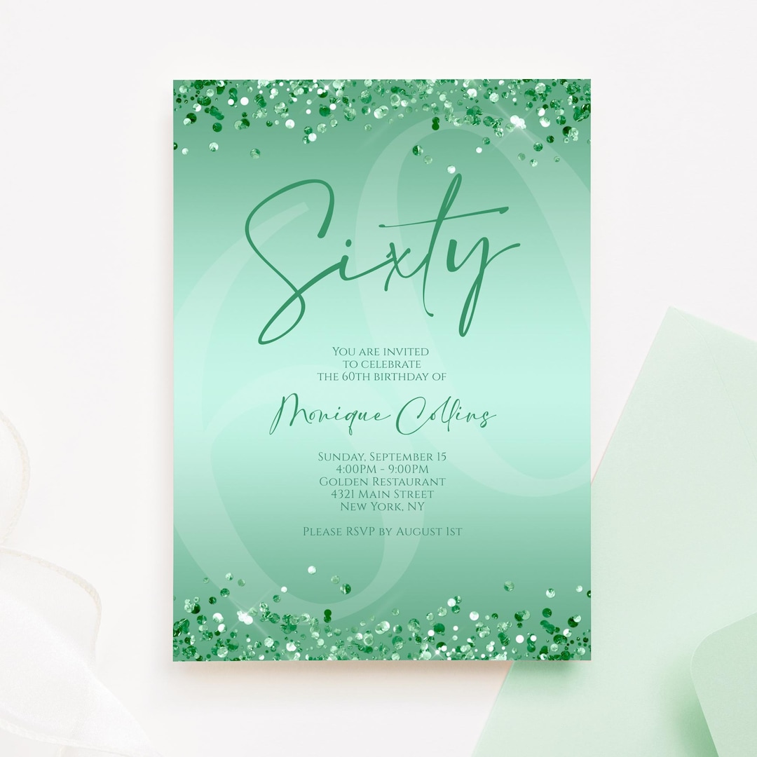 Printable Mint Green 60th Sixty Birthday Invitation Template, Digital ...