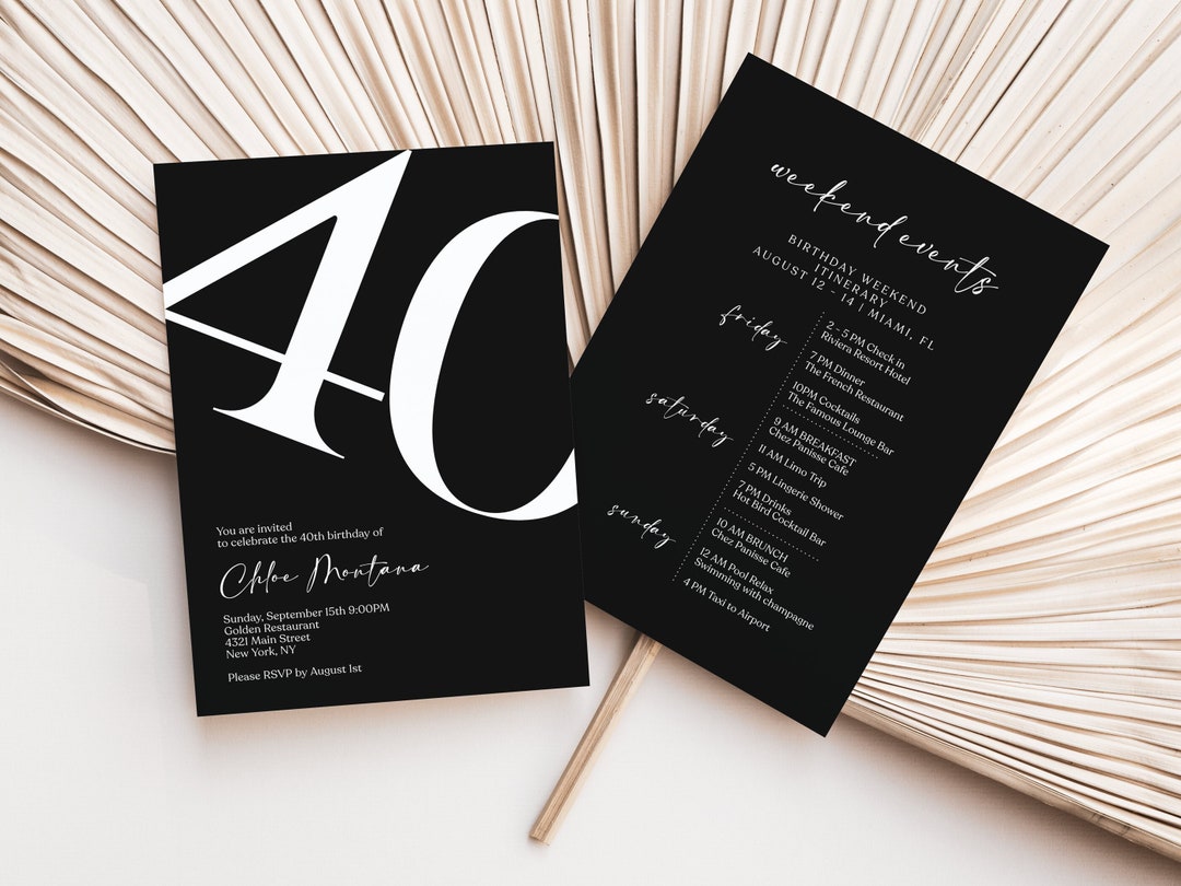 Simple Black 40th Forty Birthday Weekend Itinerary Template, Printable ...