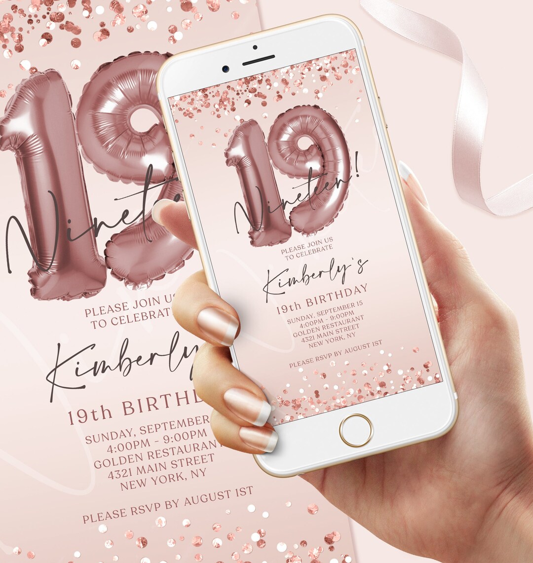 19th Nineteen Girl Birthday Electronic Invite, Editable Invitation ...