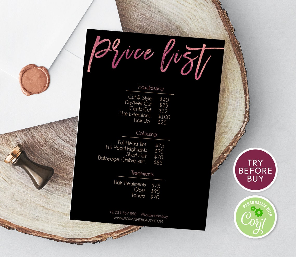 Rose Gold Price List Editable Template Business Price List - Etsy