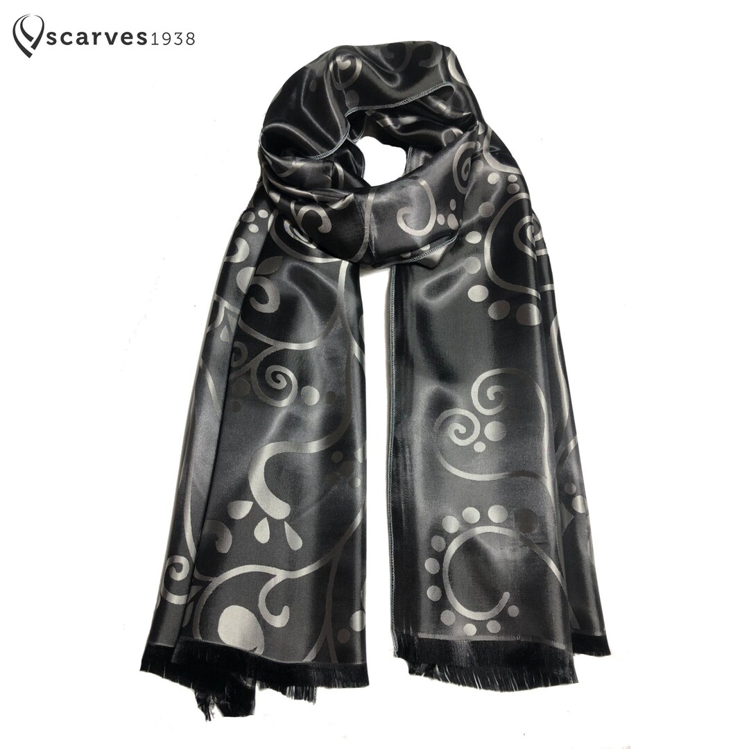 Luxury Black and Silver Silk Scarf Gift for Her Shawl Swirl Silk Scarf ...