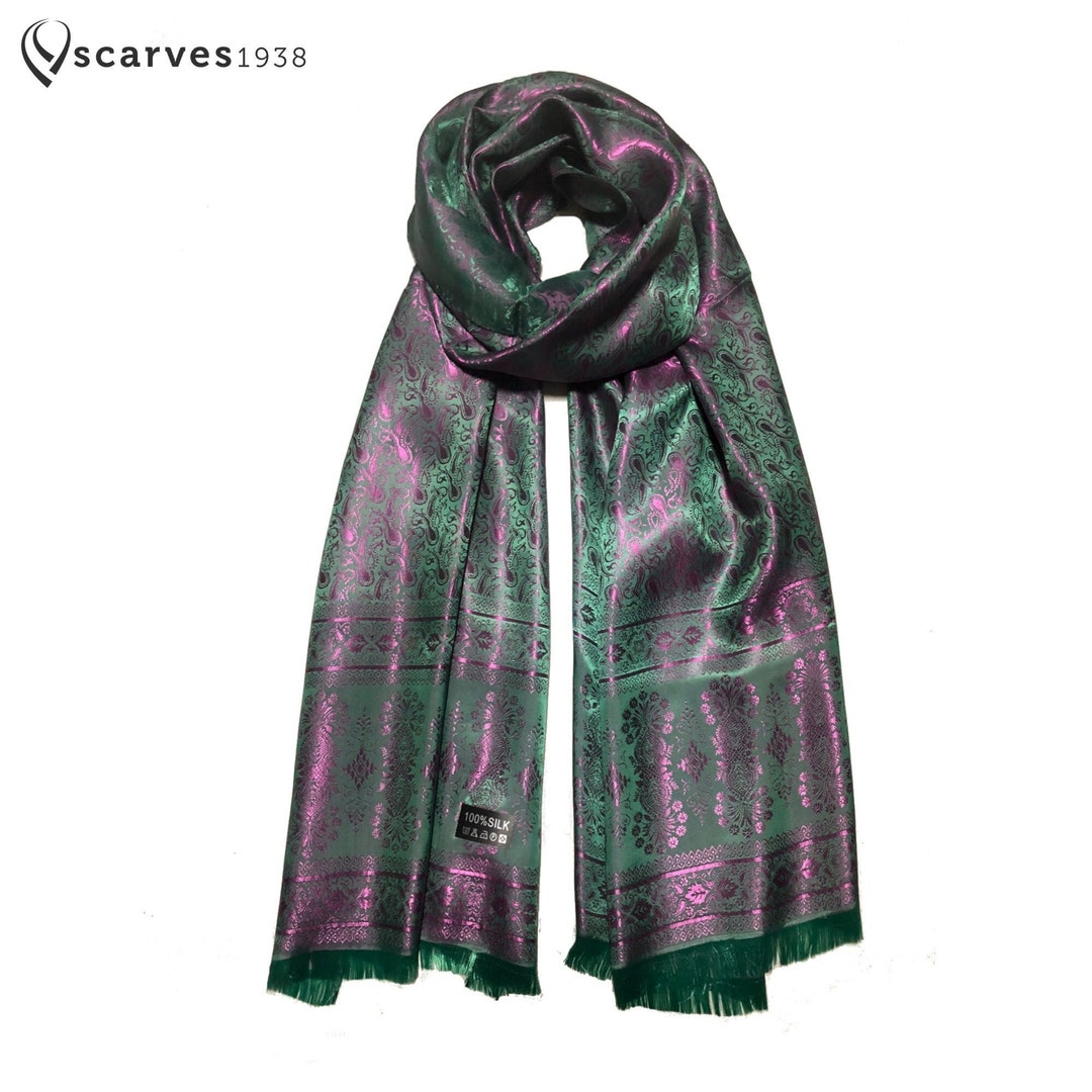 Green/hot Pink Silk Scarf Paisley Scarf Shawl Festival Scarf Green Silk ...