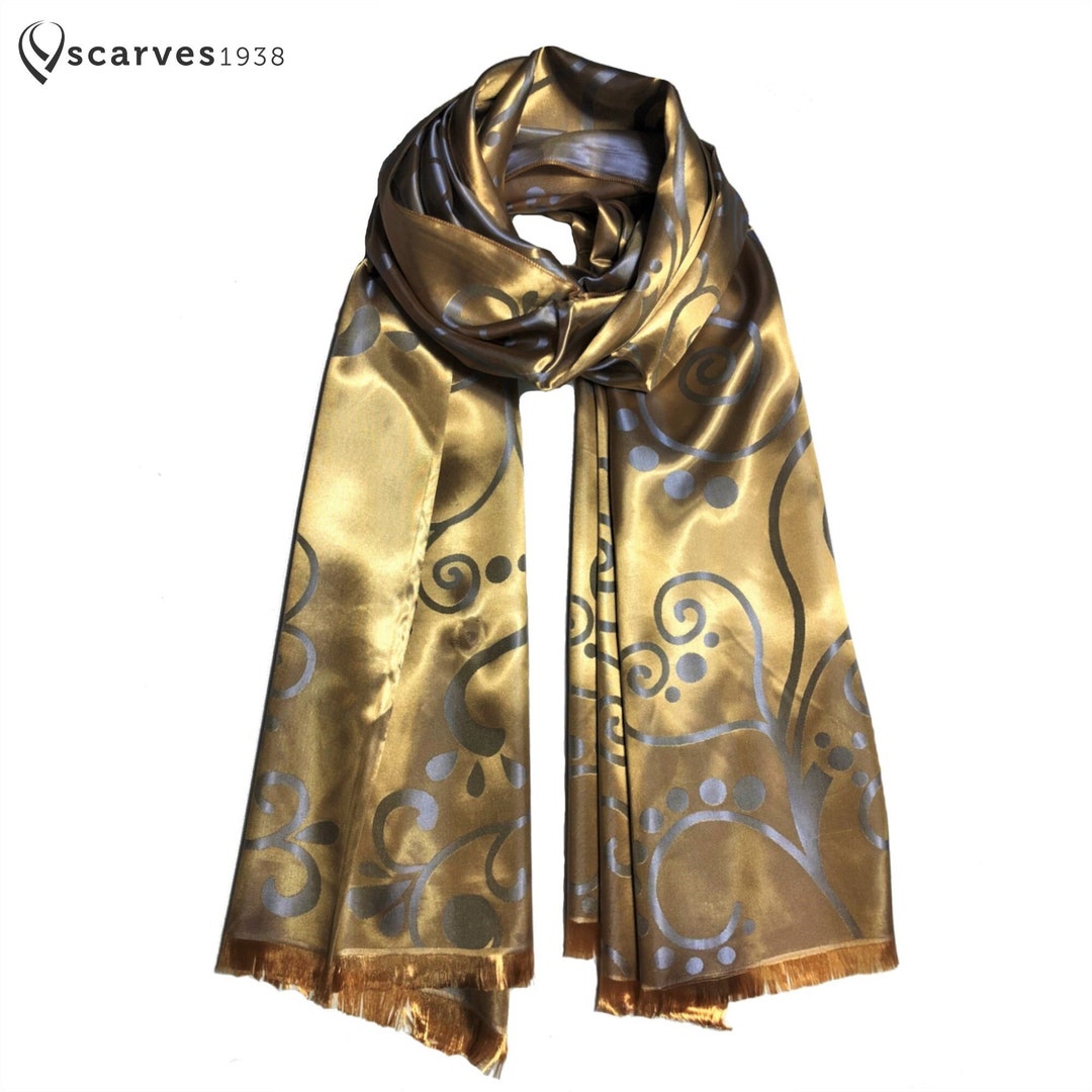 Luxury Golden and Silver Silk Scarf,gift for Her, Shawl, Swirl Silk ...