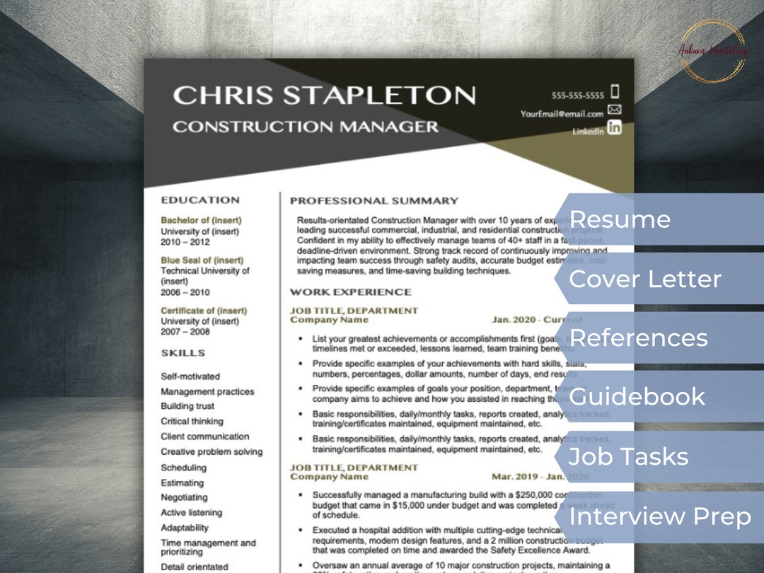 Construction Resume - Masculine Resume - Resume for Trades Worker ...
