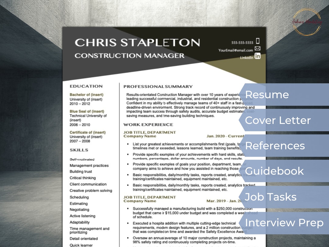 Construction Resume Masculine Resume Resume for Trades Worker Modern ...