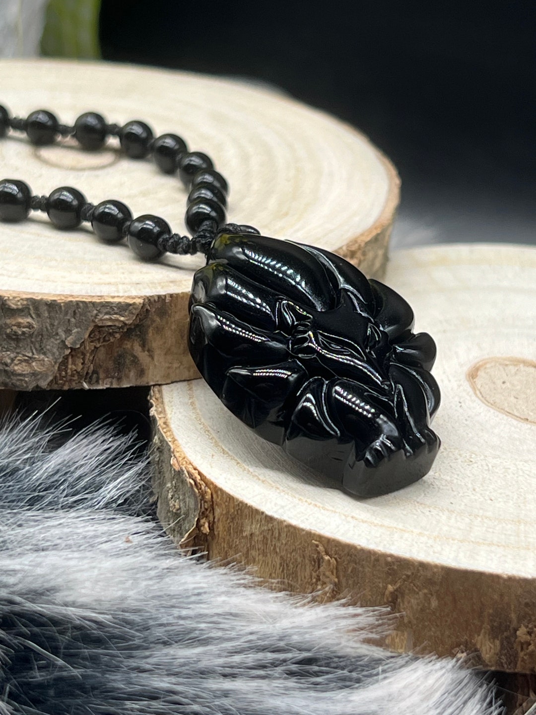 Beautiful Nine-tailed Fox Obsidian Pendant With Chain of Obsidian Beads ...
