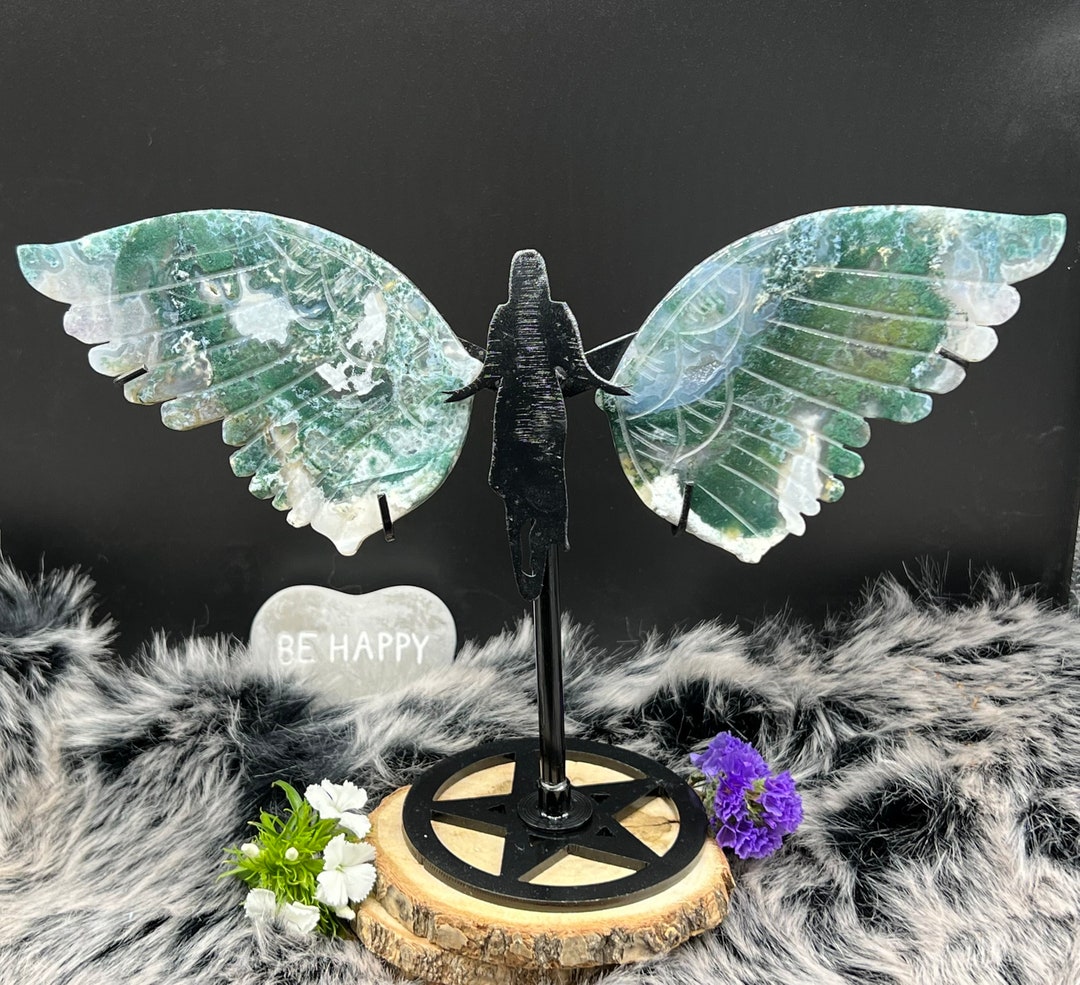 Large Moss Agate Angel Wings on Stand Crystal Gemstone Figurine - Druzy ...