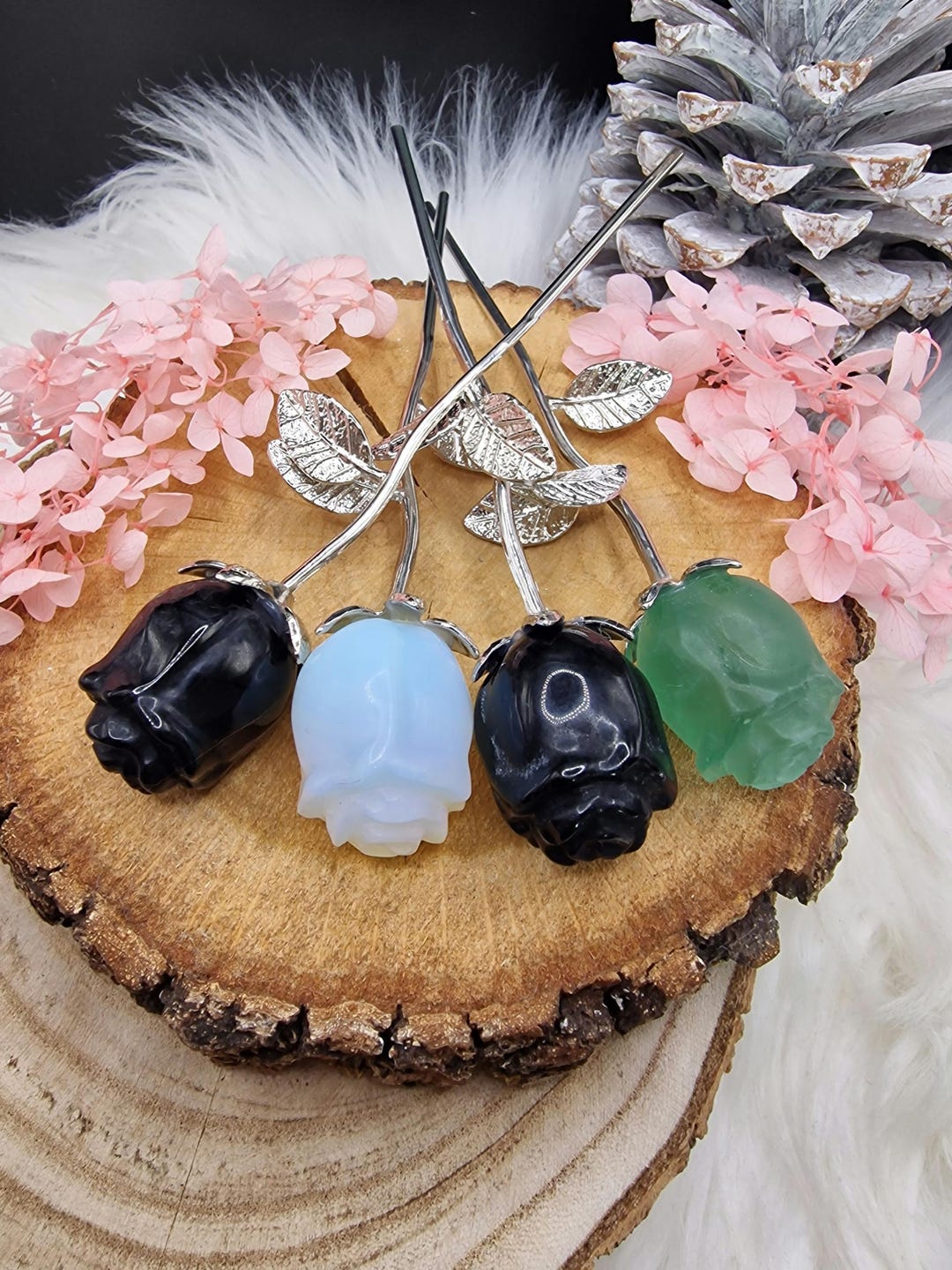 Beautiful Crystal Roses Gemstone Flower Silver Obsidian, Fluorite and ...