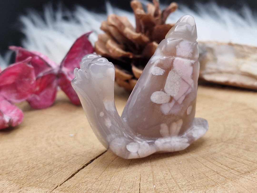 Cute Flower Agate Snail Crystal Figurine Carving Sakura Cherry Blossom ...