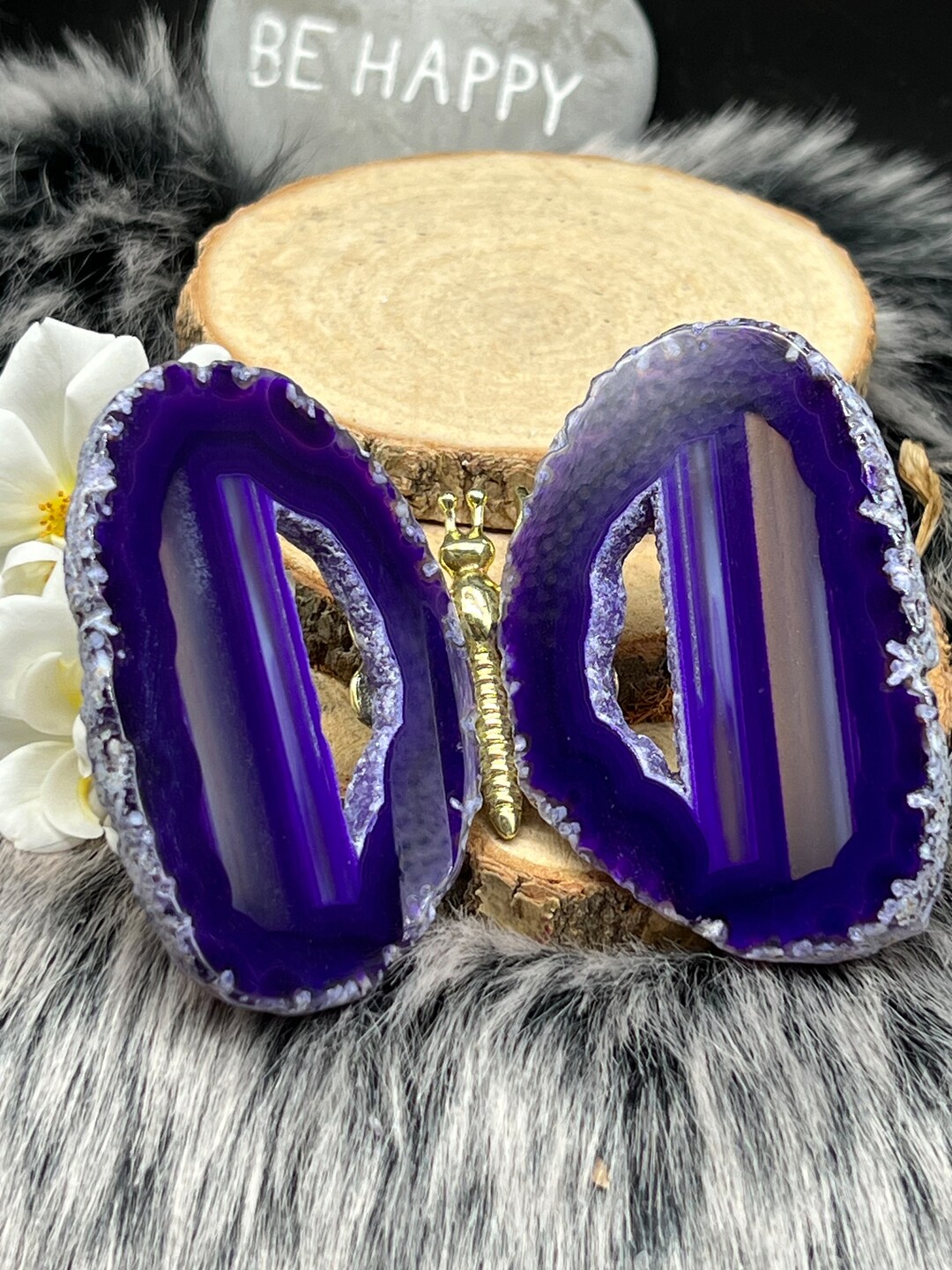 Unique Purple Crystal Butterfly Figurine Agate Slice Geode Druse Purple ...