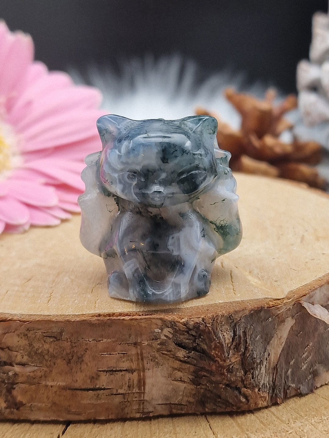 Adorable Moss Agate Crystal Figurine nine Tailed Fox Agate Gemstone ...
