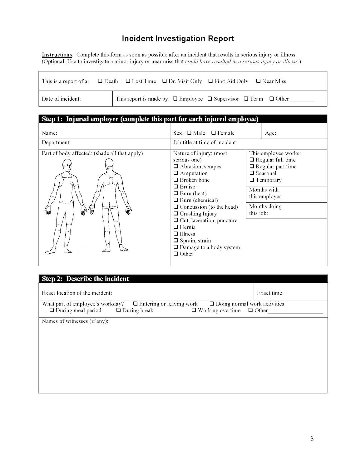Accident Investigation Form | Employee Injury Form | Injury Report ...