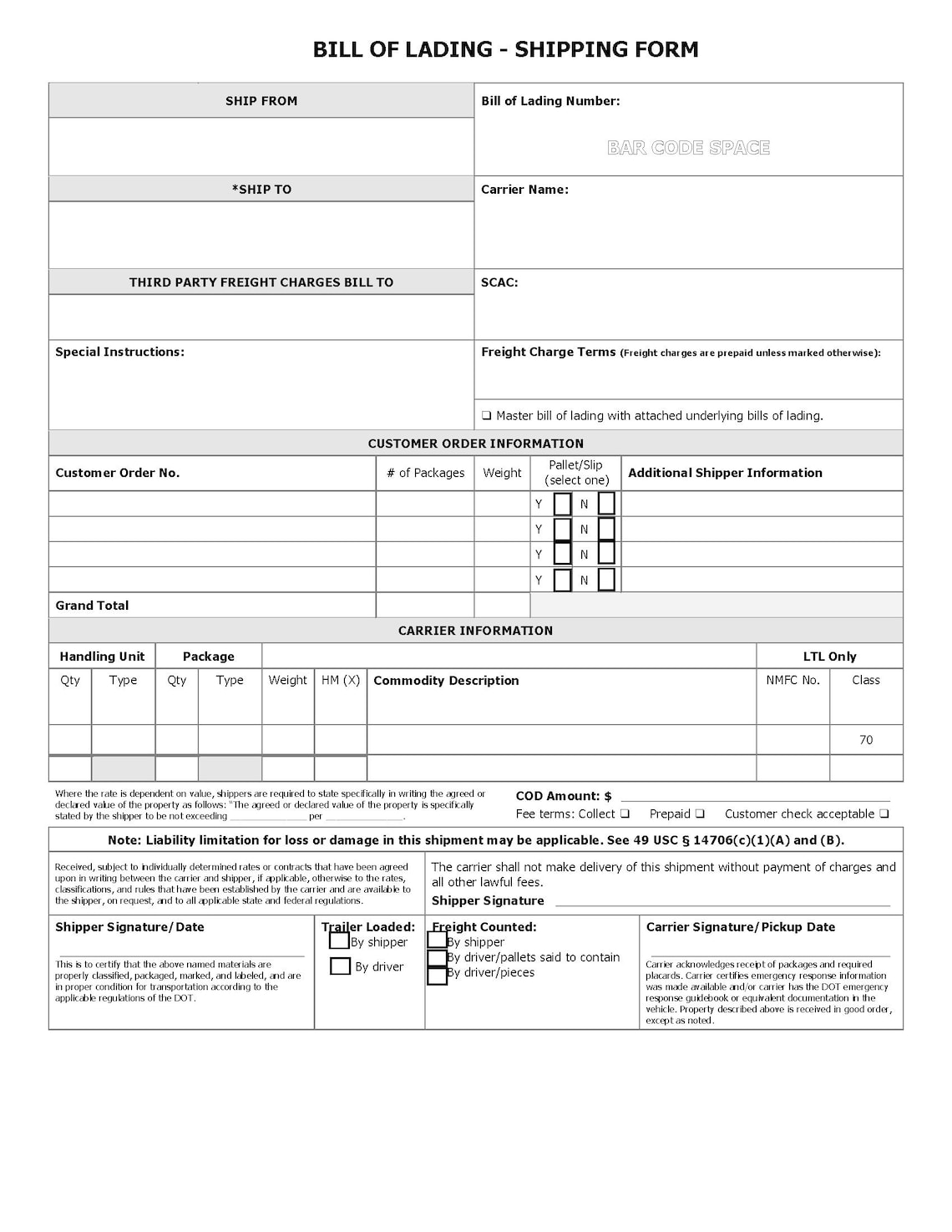 BOL Shipping Form | Bill of Lading Form | Fillable PDF | Digital ...