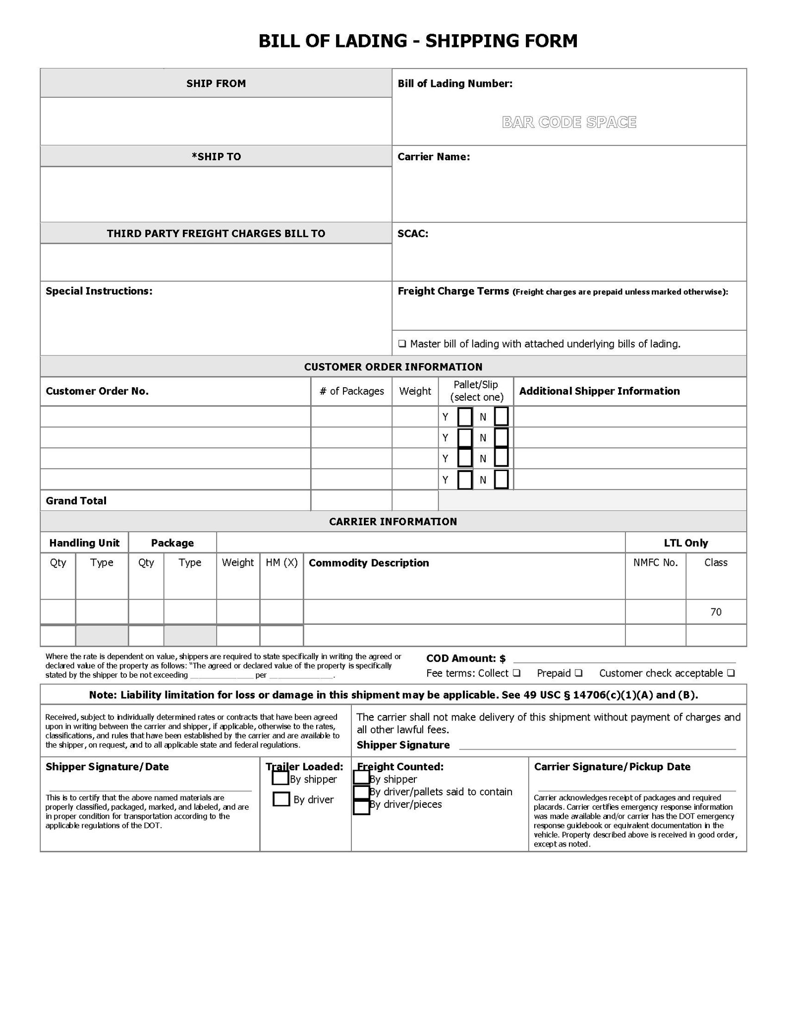 BOL Shipping Form | Bill of Lading Form | Fillable PDF | Digital ...