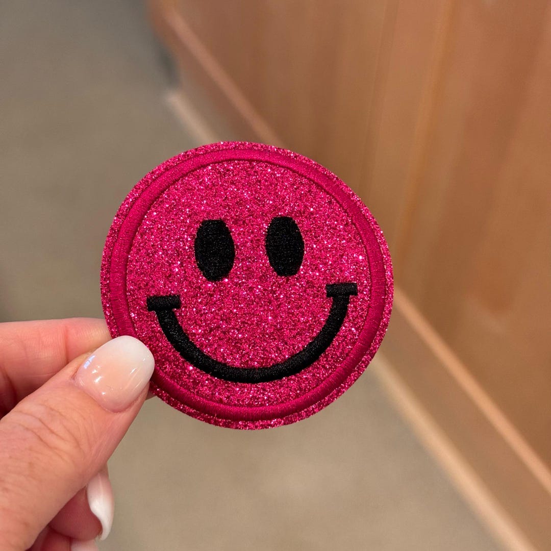 Iron on Pink Sparkly Smiley Face Embroidered Hat Patch, Trucker Hat Patch, DIY Trucker Hat, Fun ...
