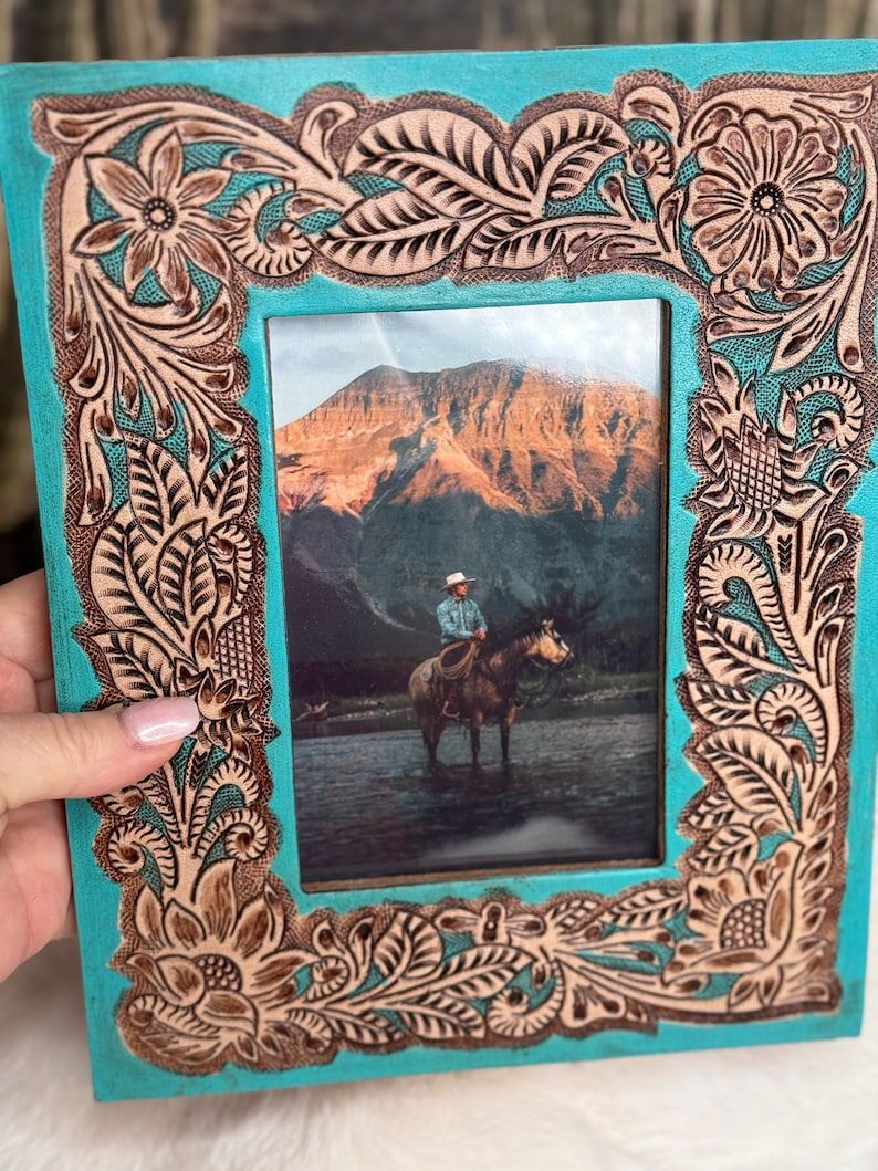 Turquoise Tooled Leather Photo Frame: Western Cowboy Decor - Etsy