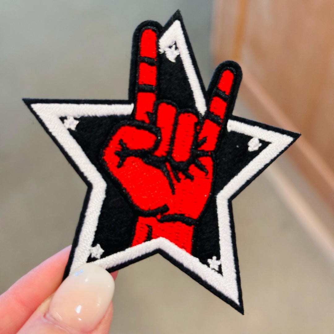 Black White & Red Rock on Hand Sign With Star Embroidered Iron on Patch ...