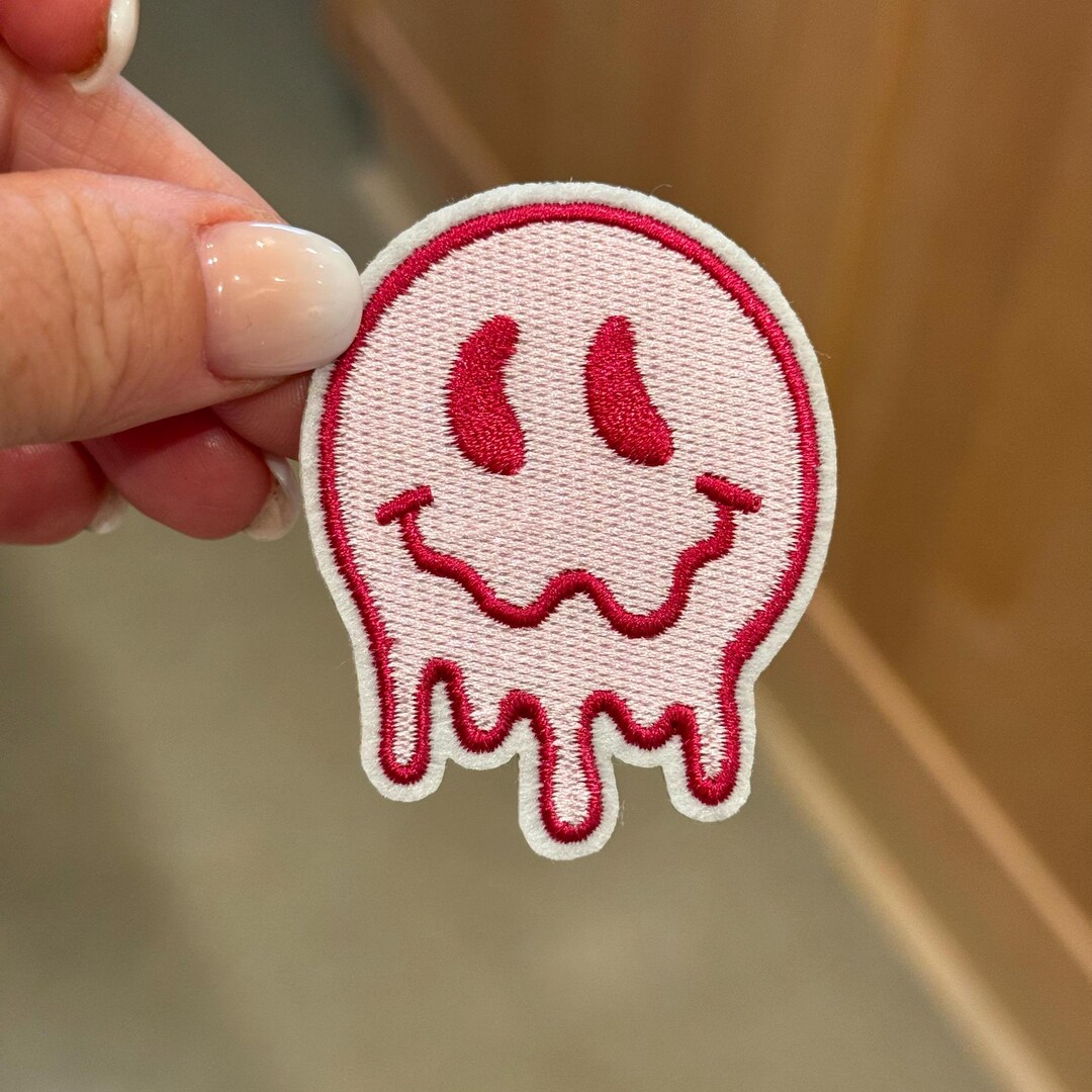 Iron on Pink Dripping Smiley Face Embroidered Hat Patch, Trucker Hat Patch, DIY Trucker Hat, Fun ...