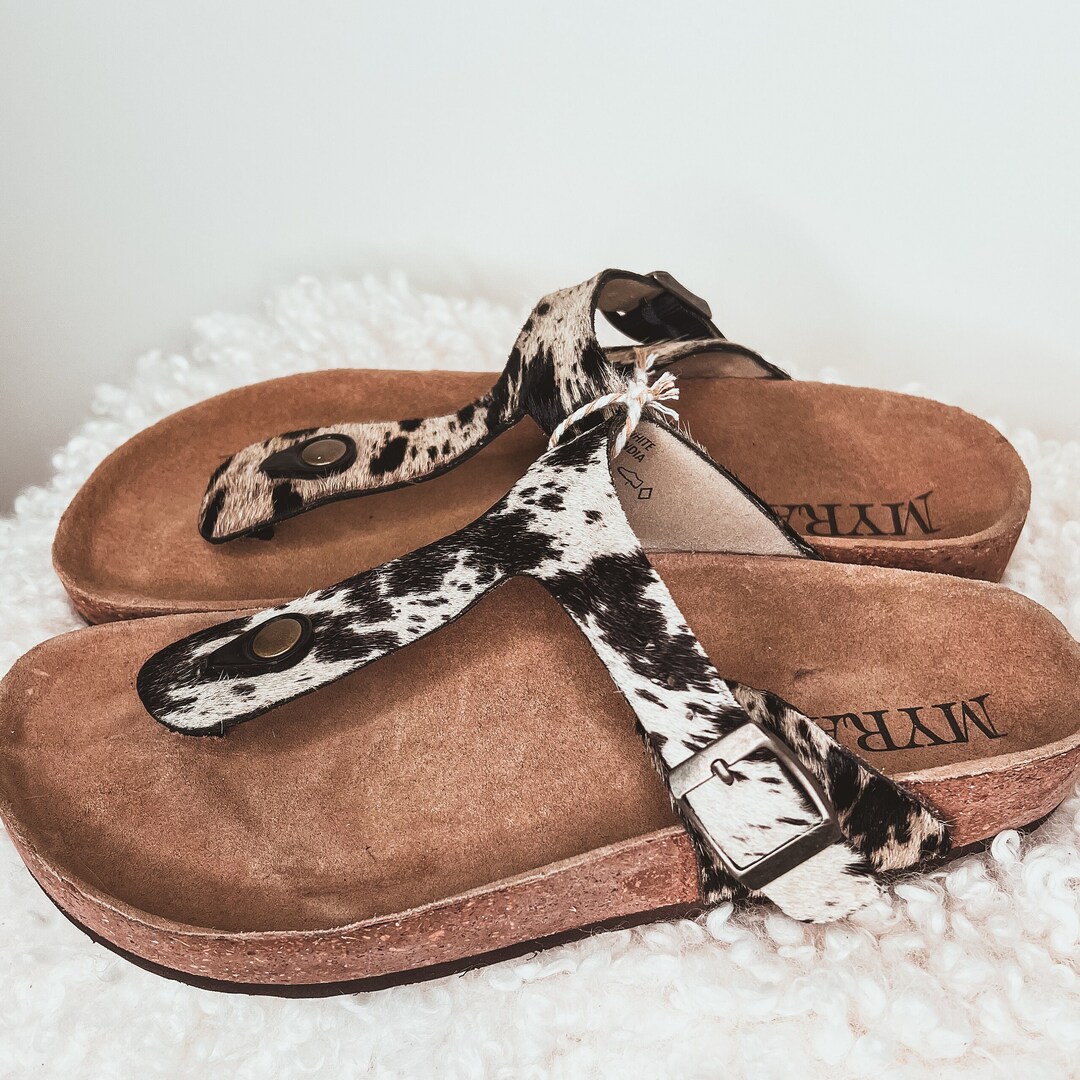 Black & White Cowhide Cow Print Cork Sole Sandal Flip Flop Slide Summer ...