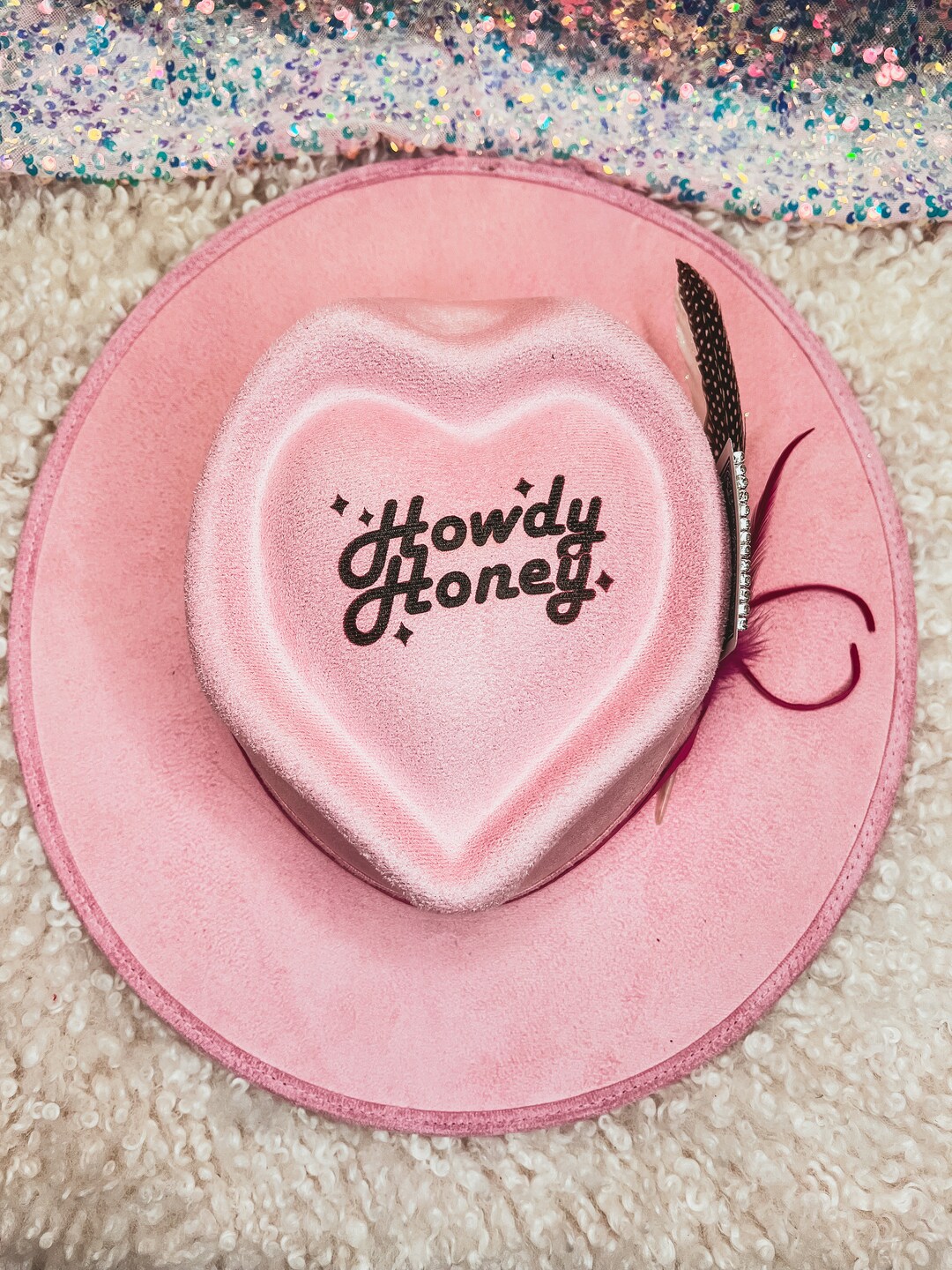 Pink Heart Crown howdy Honey Cowgirl Hat Burned With Rhinestone Card ...