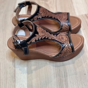 Tooled Leather Wedge Sandals, Western Sandals, Wedding, Prom Shoes - Etsy