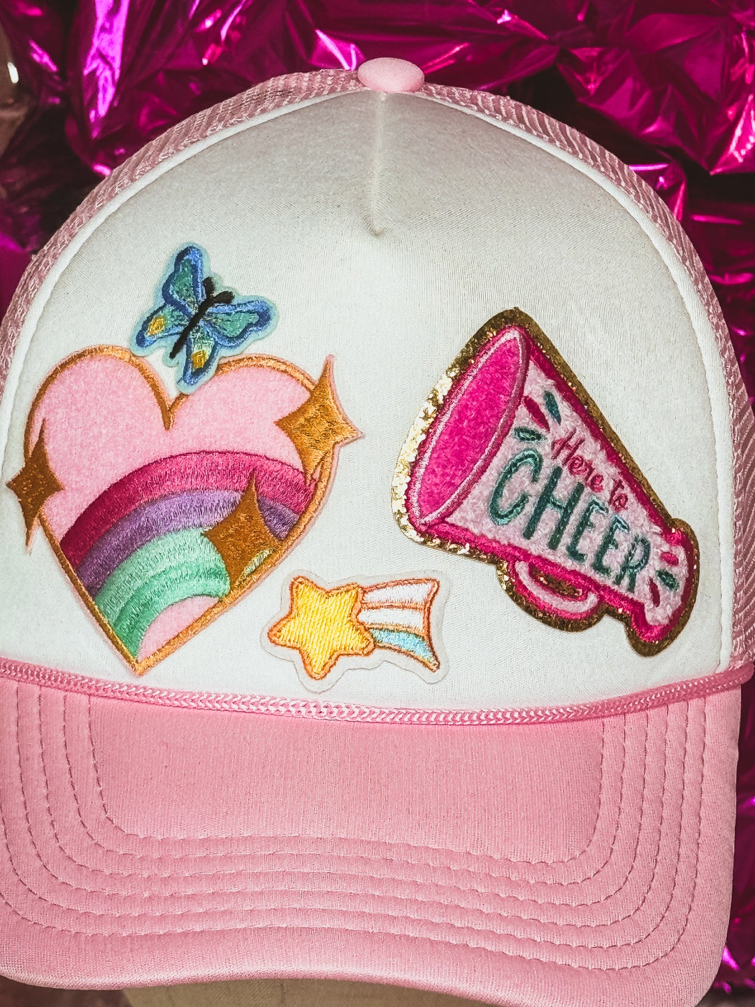 Pink Trucker Hat here to Cheer, Butterfly, Sparkle Heart, Megaphone ...
