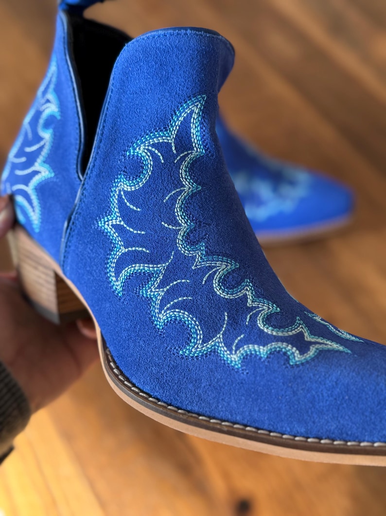 Royal Blue Suede Ankle Booties: Flame Stitch Western Cowgirl Boots - Etsy