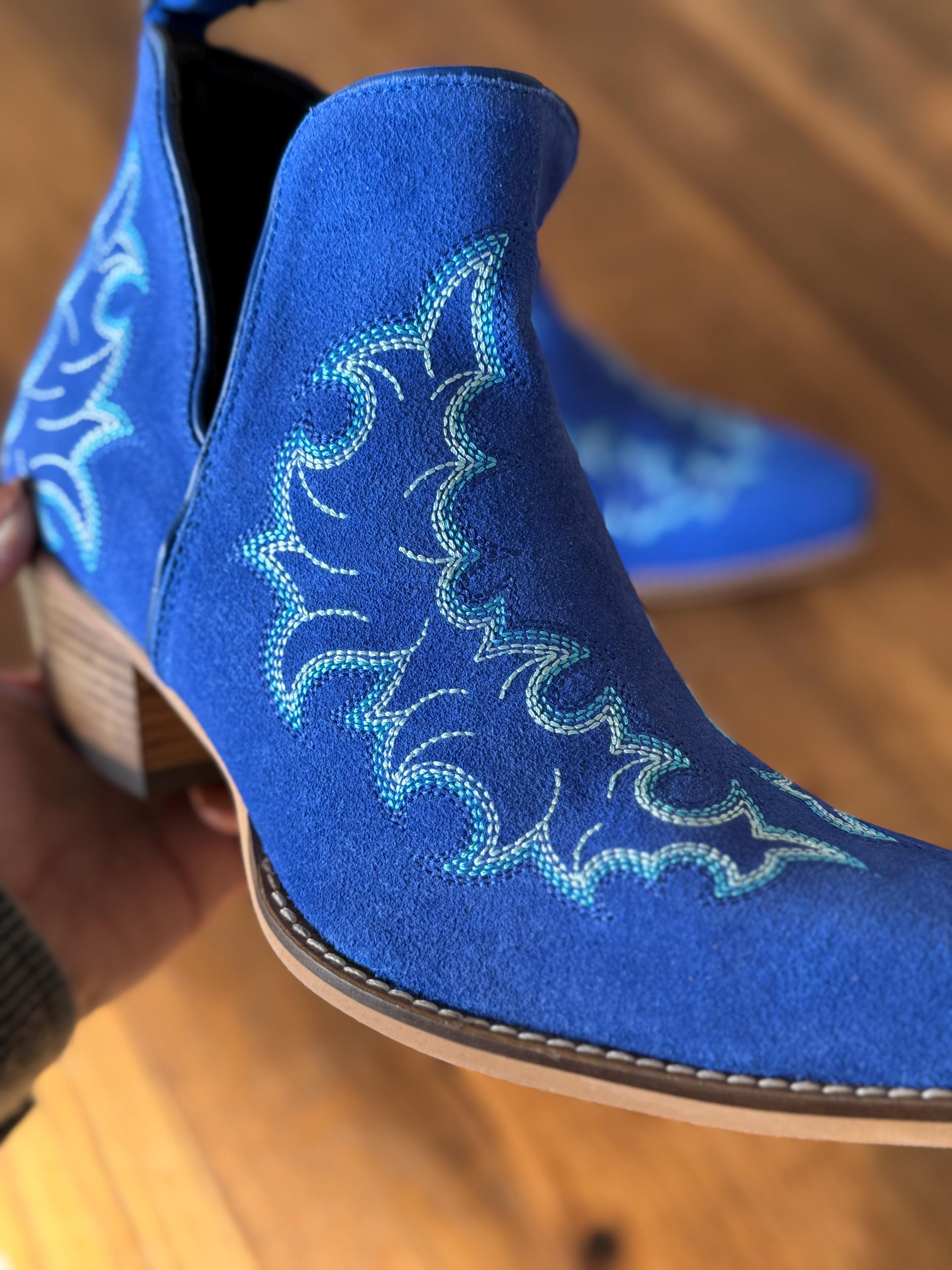 Royal Blue Suede Ankle Booties: Flame Stitch Western Cowgirl Boots - Etsy