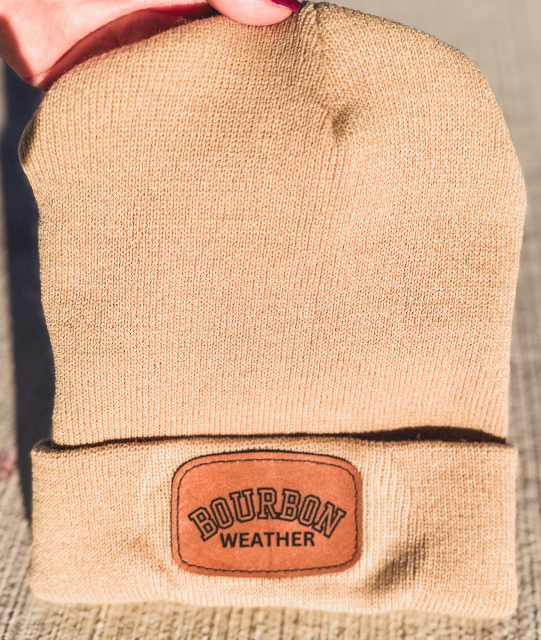 Bourbon Weather Beanie: Tan Toboggan With Leather Patch - Etsy