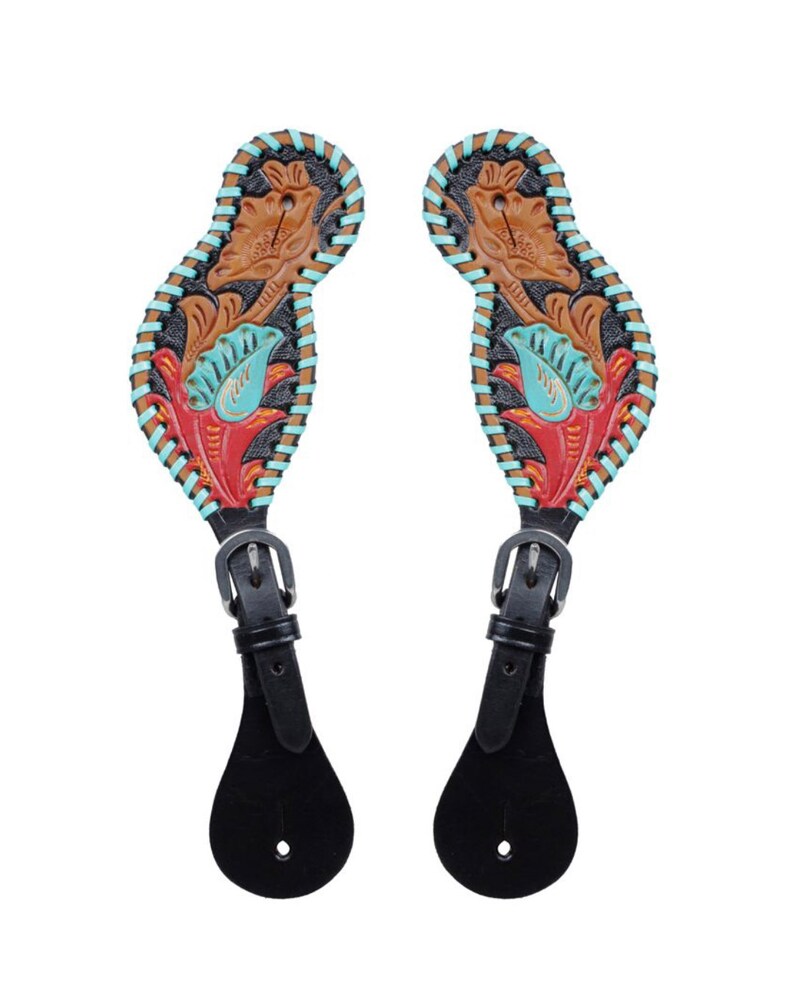 Western Hand Tooled Leather Spur Straps Turquoise Flower White - Etsy