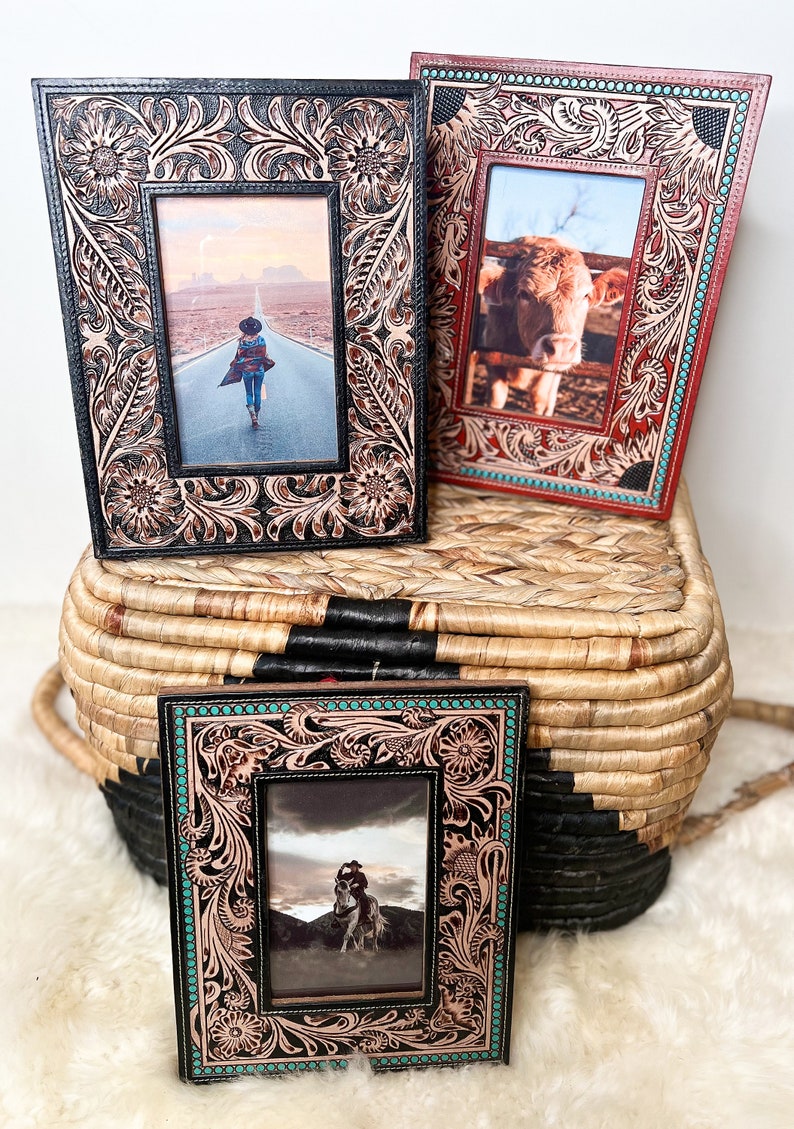 Turquoise Tooled Leather Photo Frame: Western Cowboy Decor - Etsy
