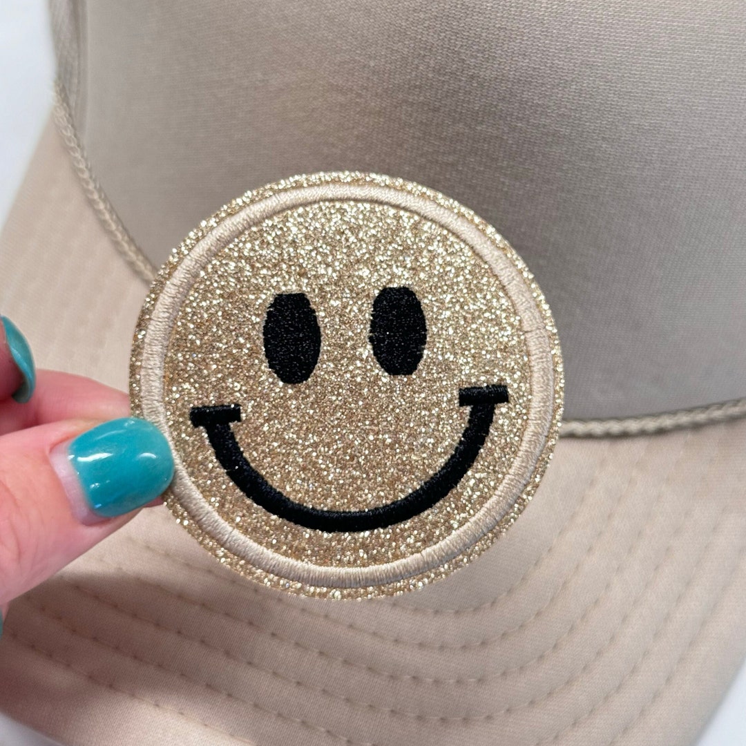Iron on Gold Sparkly Smiley Face Embroidered Hat Patch, Trucker Hat Patch, DIY Trucker Hat, Fun ...