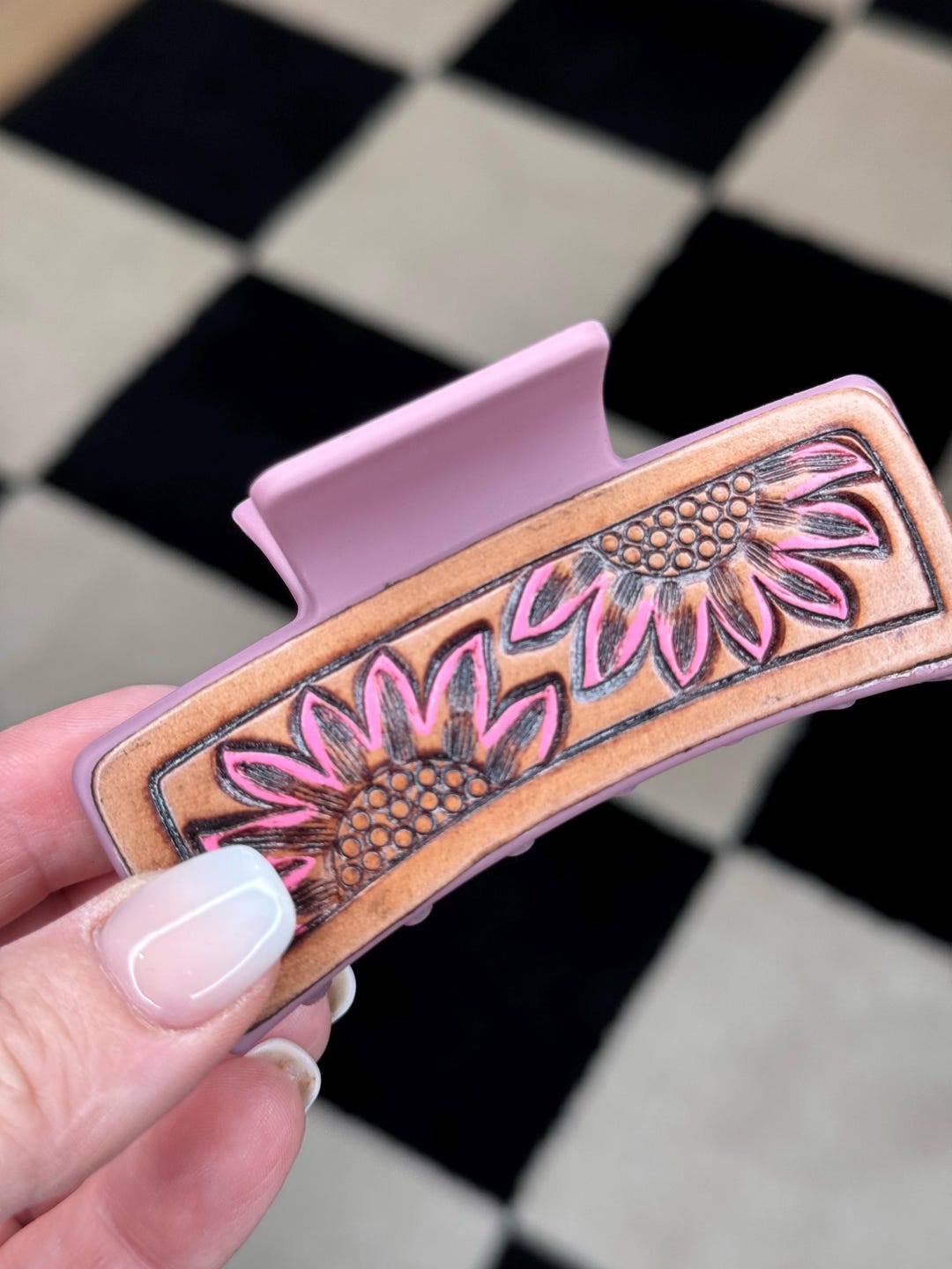 Tooled Leather Pink Claw Clip, Hair Clip, Hair Claw Clip Pink Sunflower ...