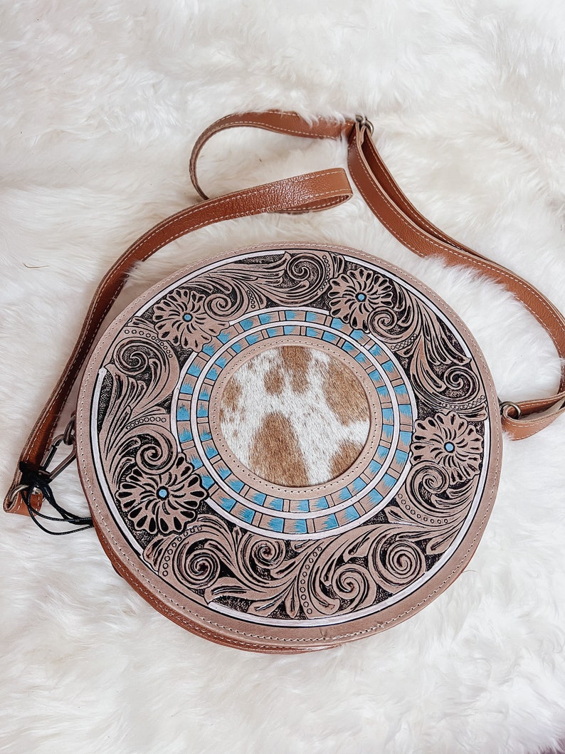 Custom Western Branded Cowhide Round Tooled Leather Crossbody - Etsy
