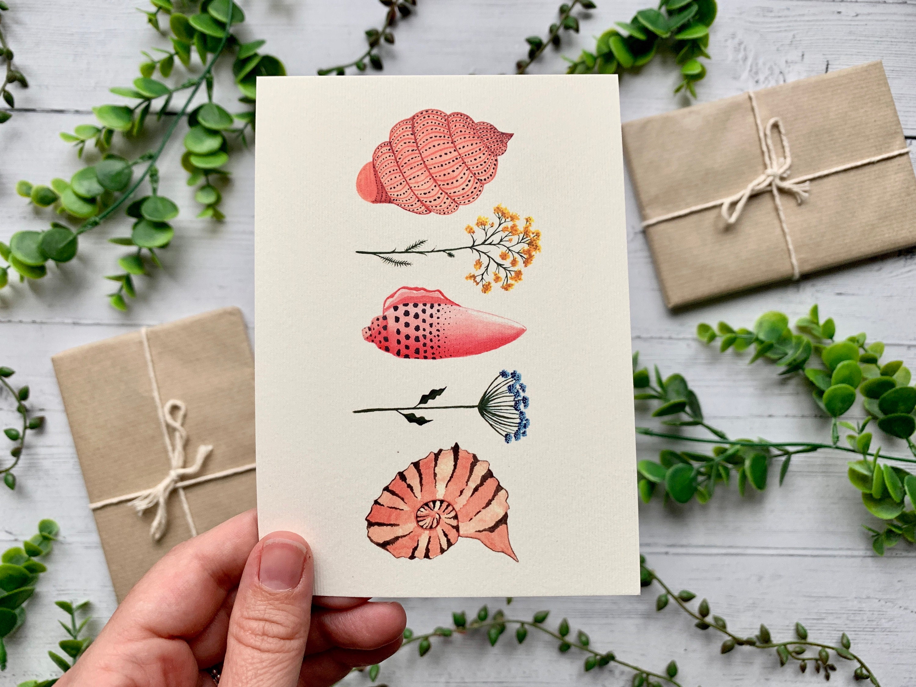 Coastal Shells Art Postcard Seashells and Wildflowers | Etsy