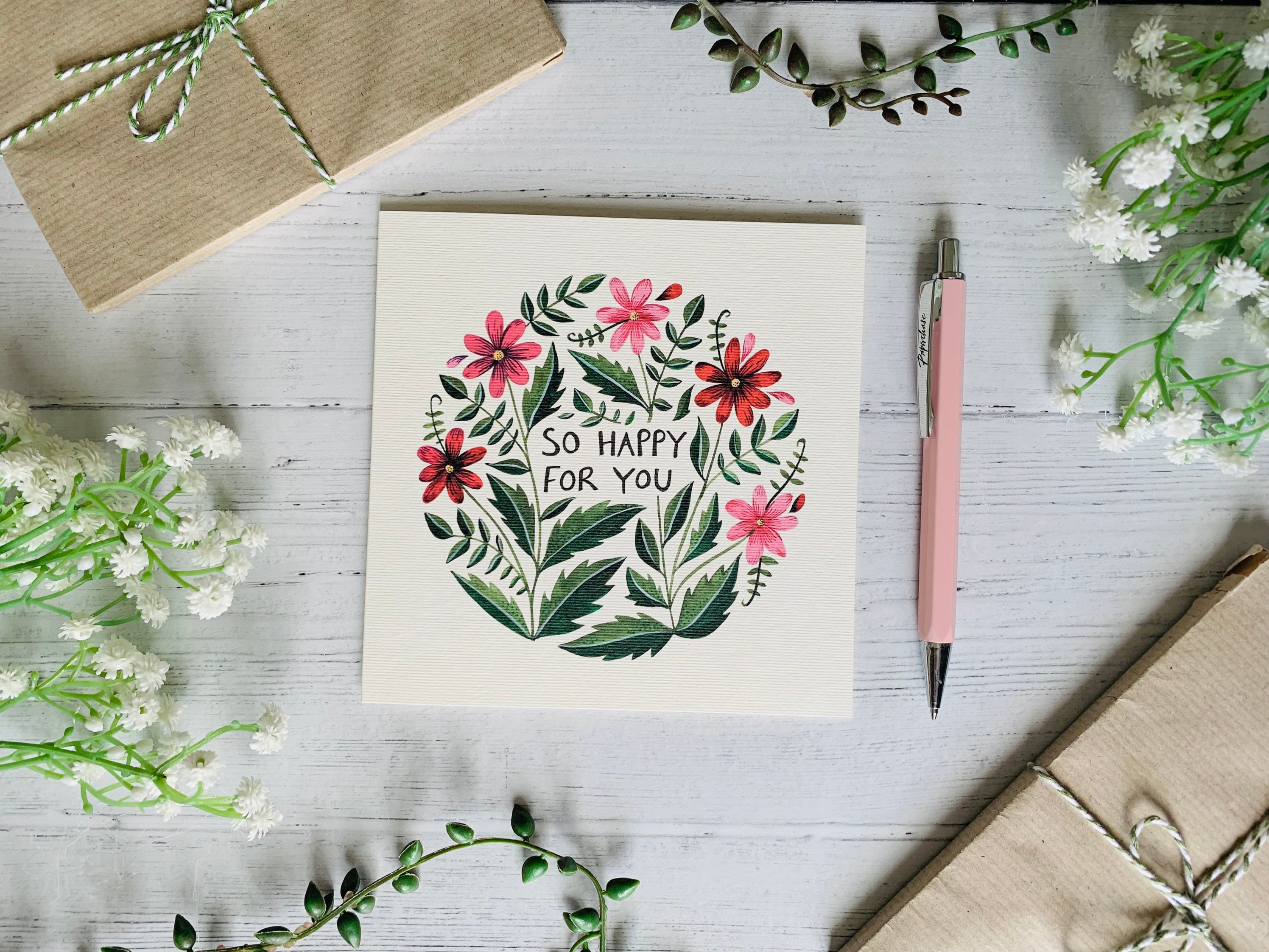 Congratulations Card - Illustrated so Happy for You - Floral Watercolor ...
