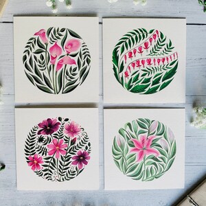 Pink Floral Greeting Card Set of 4 - Art Cards Multipack - Watercolour ...