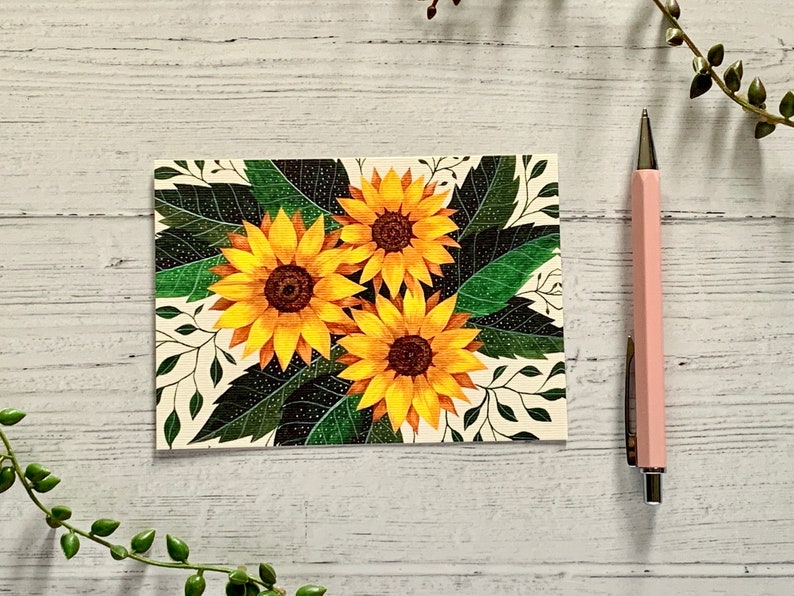 Sunflowers Postcard Garden Flower Card Nature Illustrated | Etsy