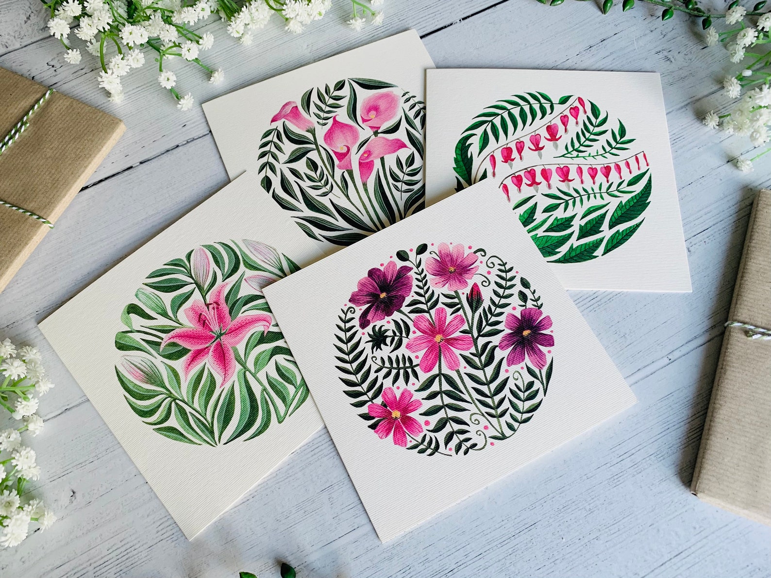 Pink Floral Greeting Card Set of 4 Art Cards Multipack - Etsy