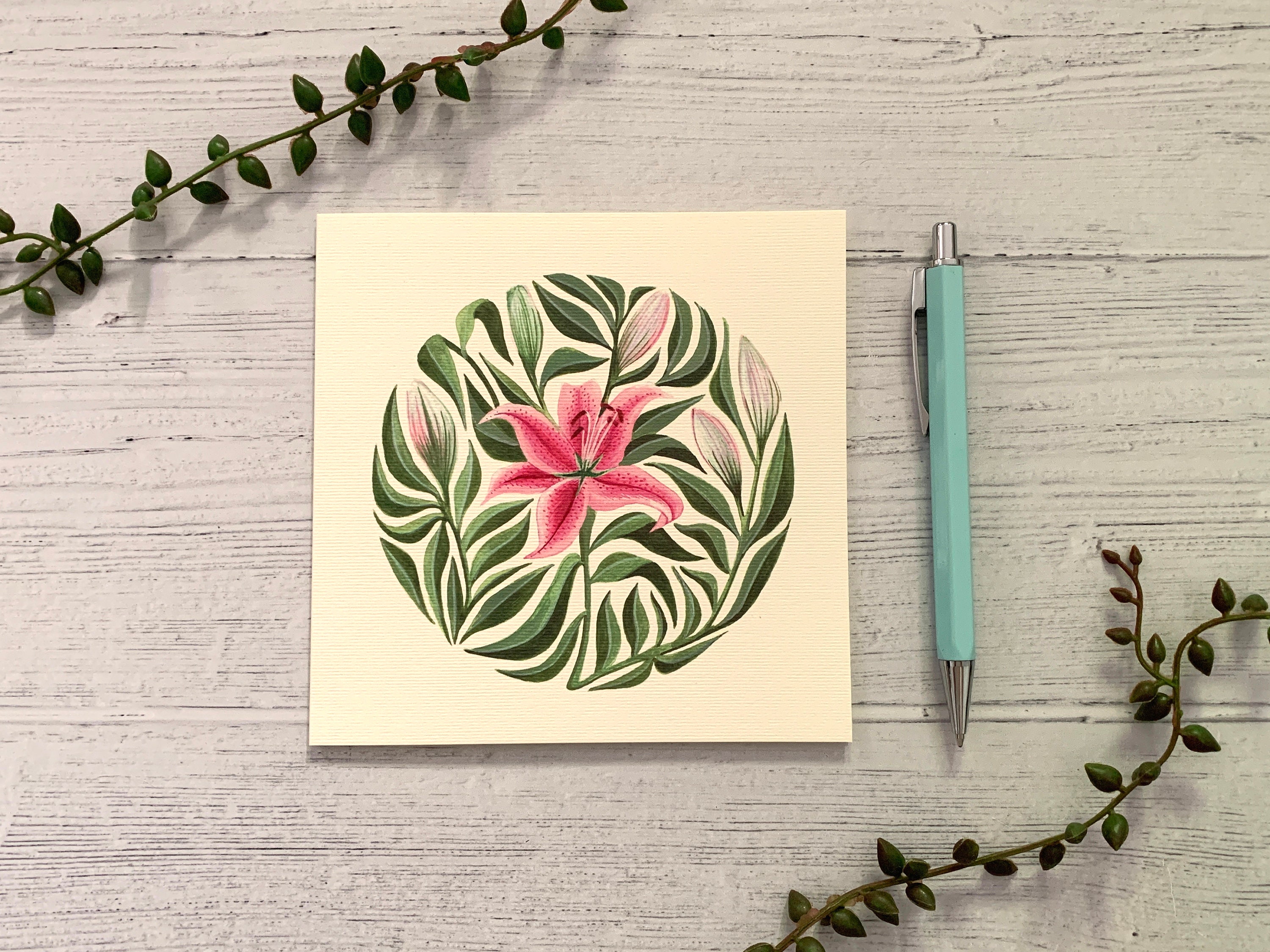 Lily Greeting Card Pink Lilies Floral Illustrated | Etsy